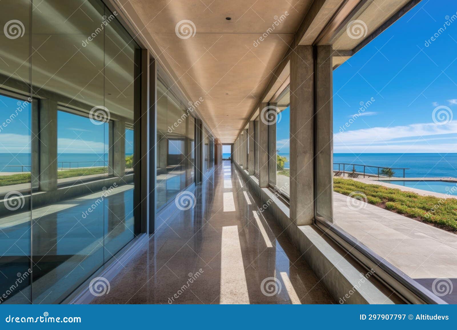 Perspective Shot of a Corridor with Window Walls Revealing the Ocean ...