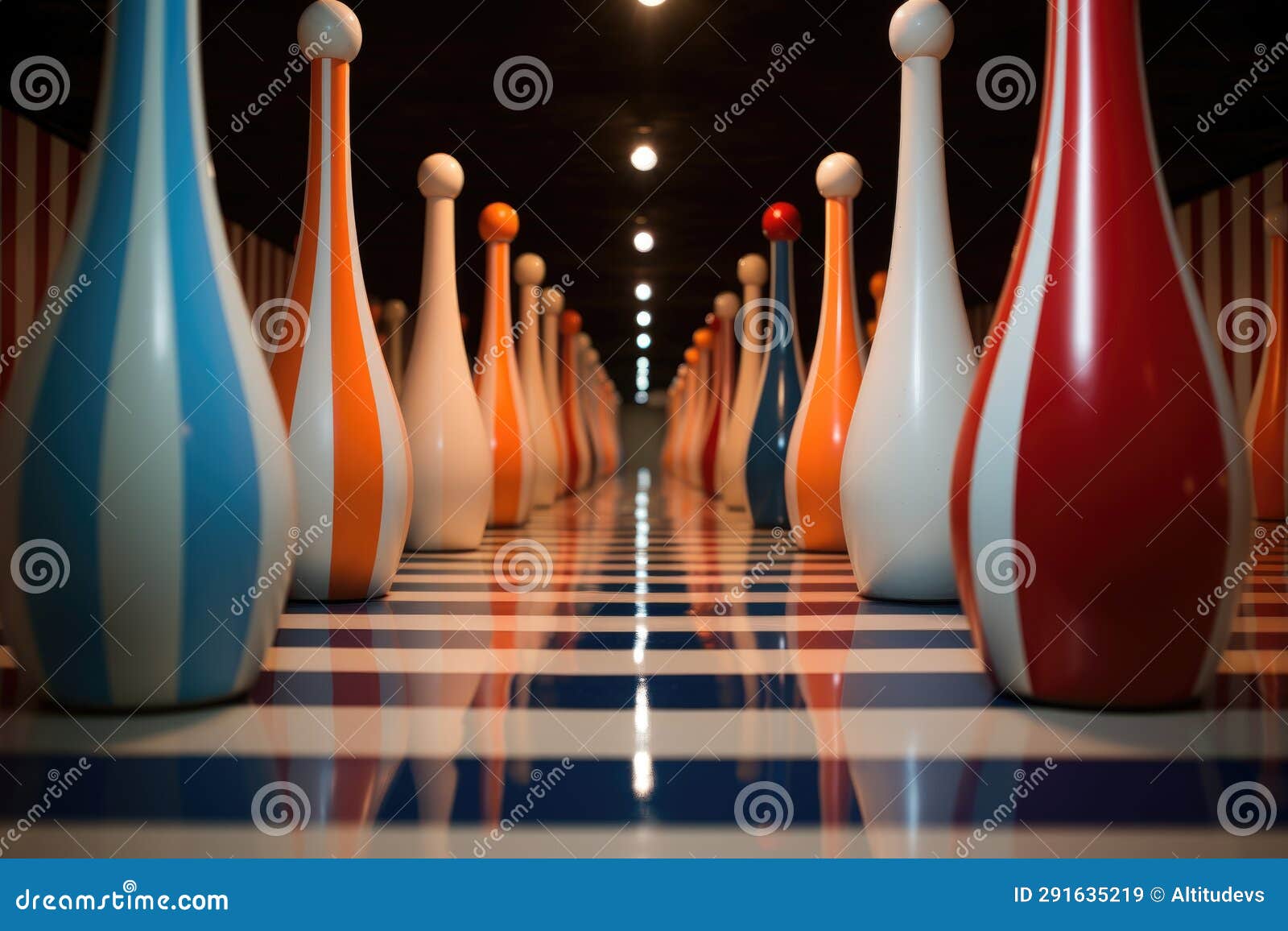 Perspective Shot of Uneven Line of Bowling Pins Stock Image - Image of ...