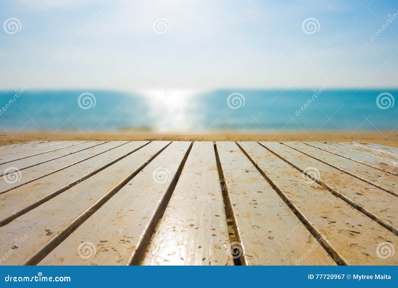 Perspective Table on the Beach with Bright Blue Sea, Blurred. Stock ...