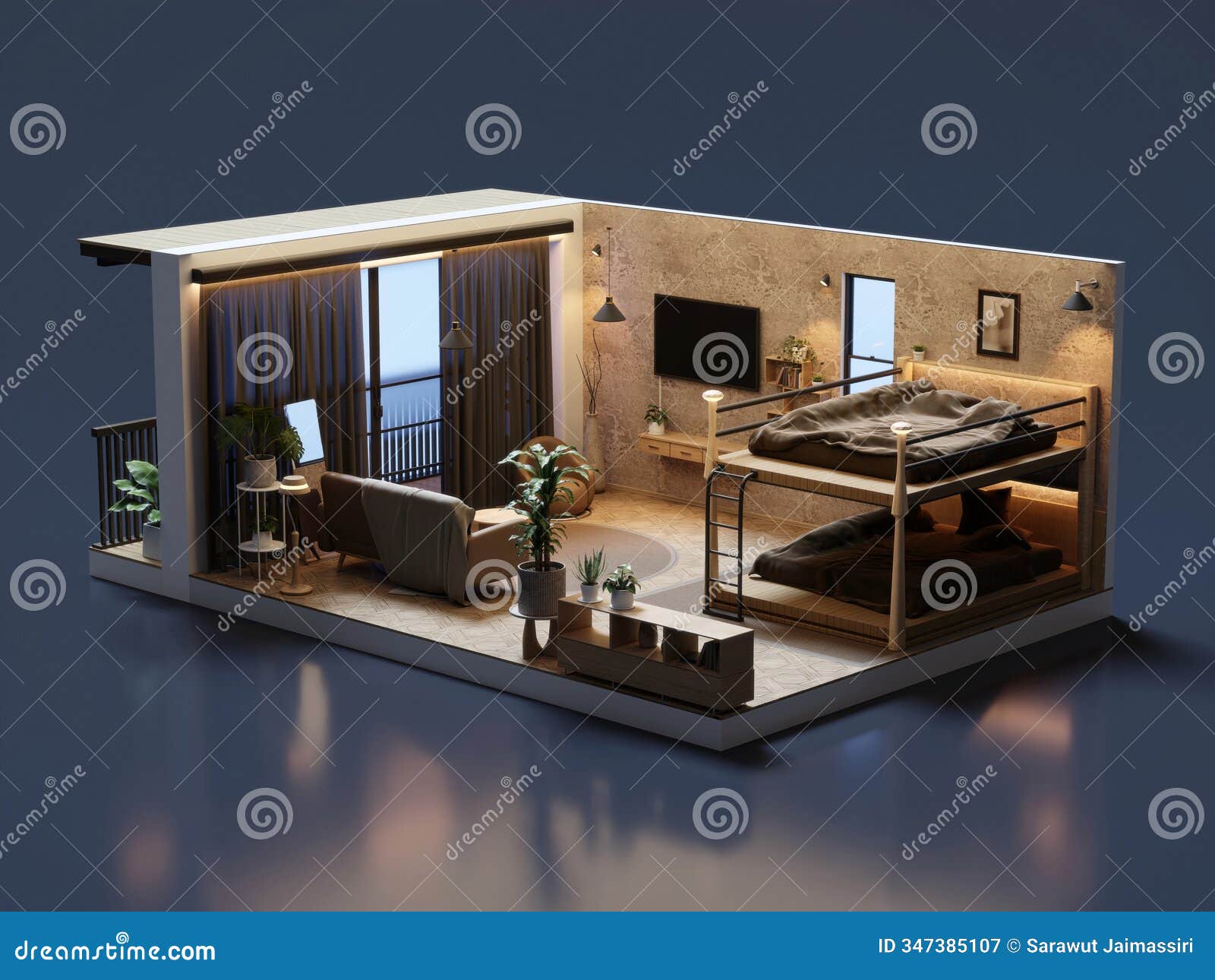 Perspective View Bed Room Night Open Inside Interior Architecture 3d ...