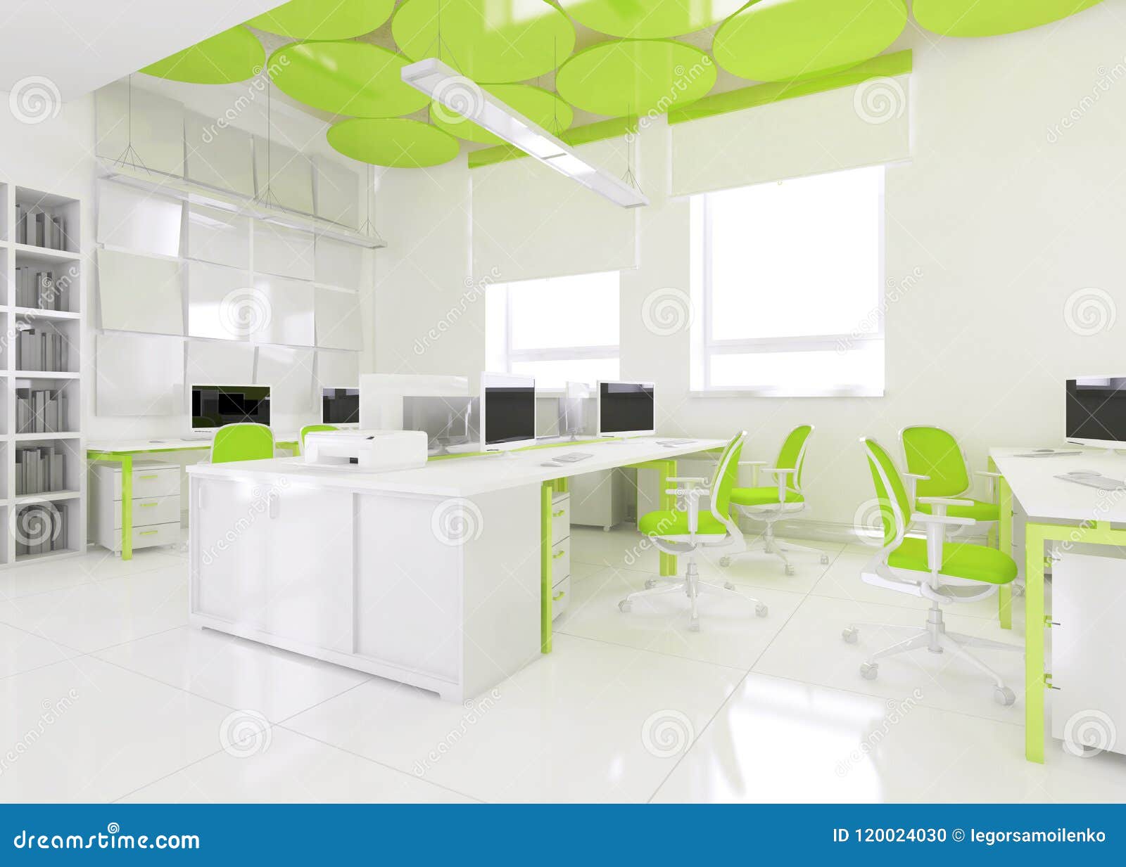 Perspective View of a Color Office Interior with a Row of White Tables ...