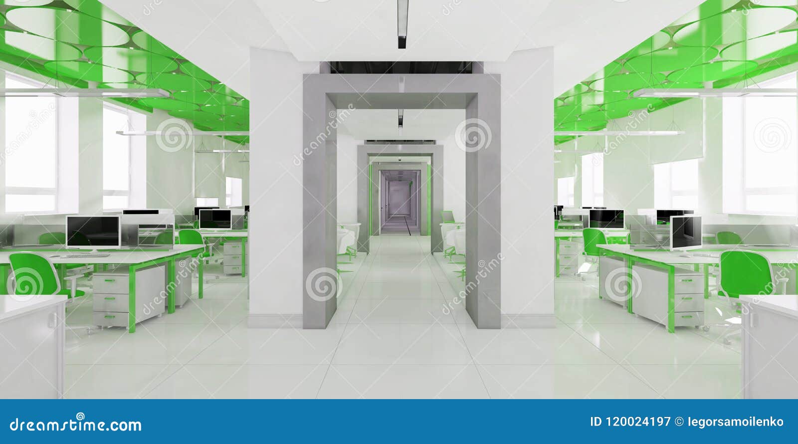 Perspective View of a Color Office Interior with a Row of White Tables ...