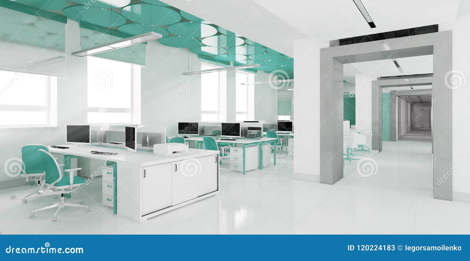 Perspective View of a Color Office Interior with a Row of White Tables ...