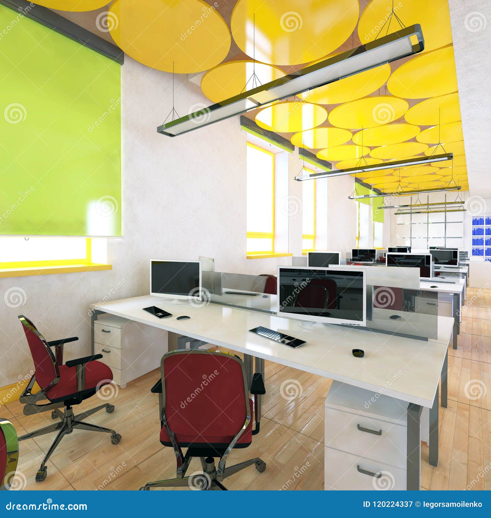 Perspective View of a Color Office Interior with a Row of White Tables ...