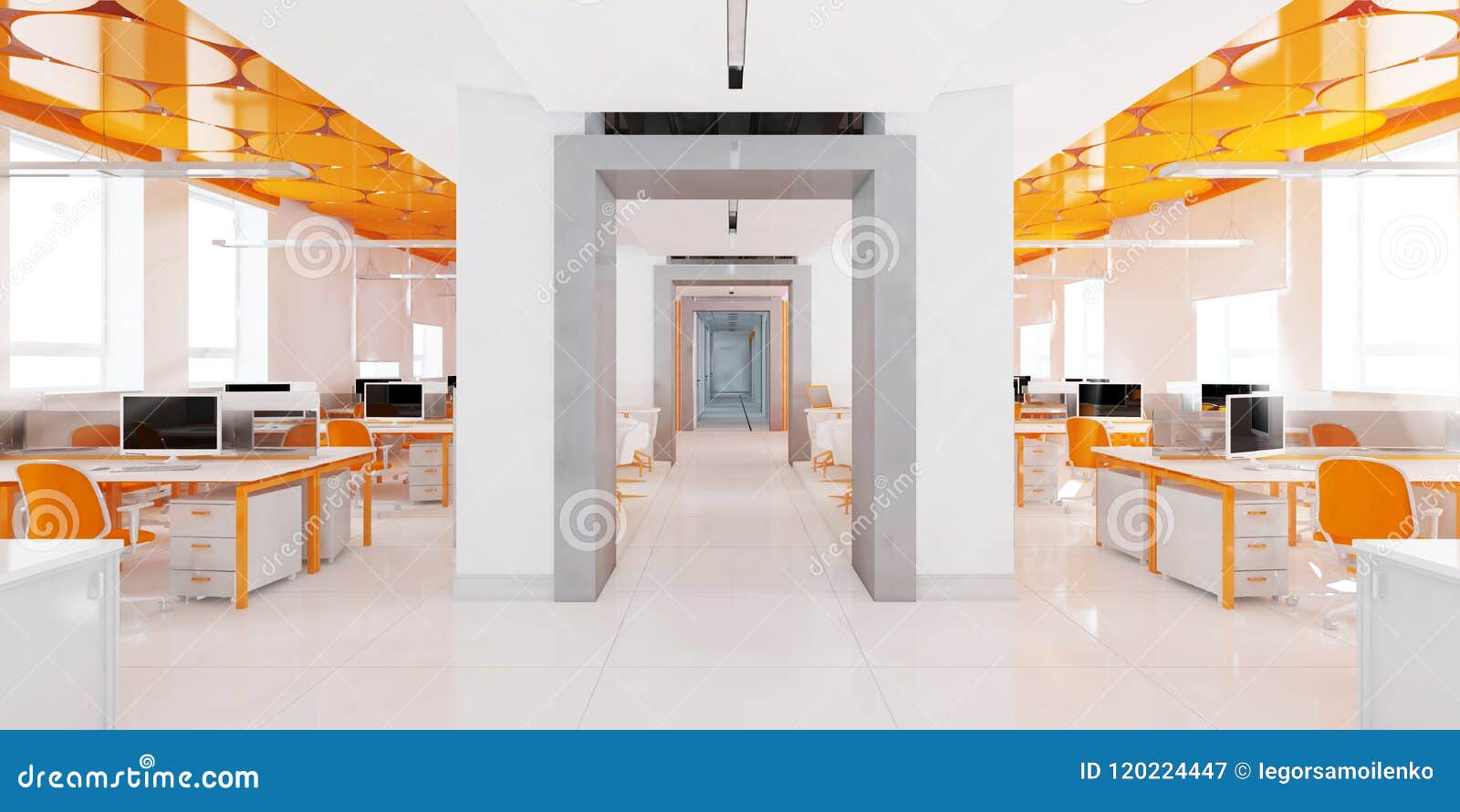 Perspective View of a Color Office Interior with a Row of White Tables ...