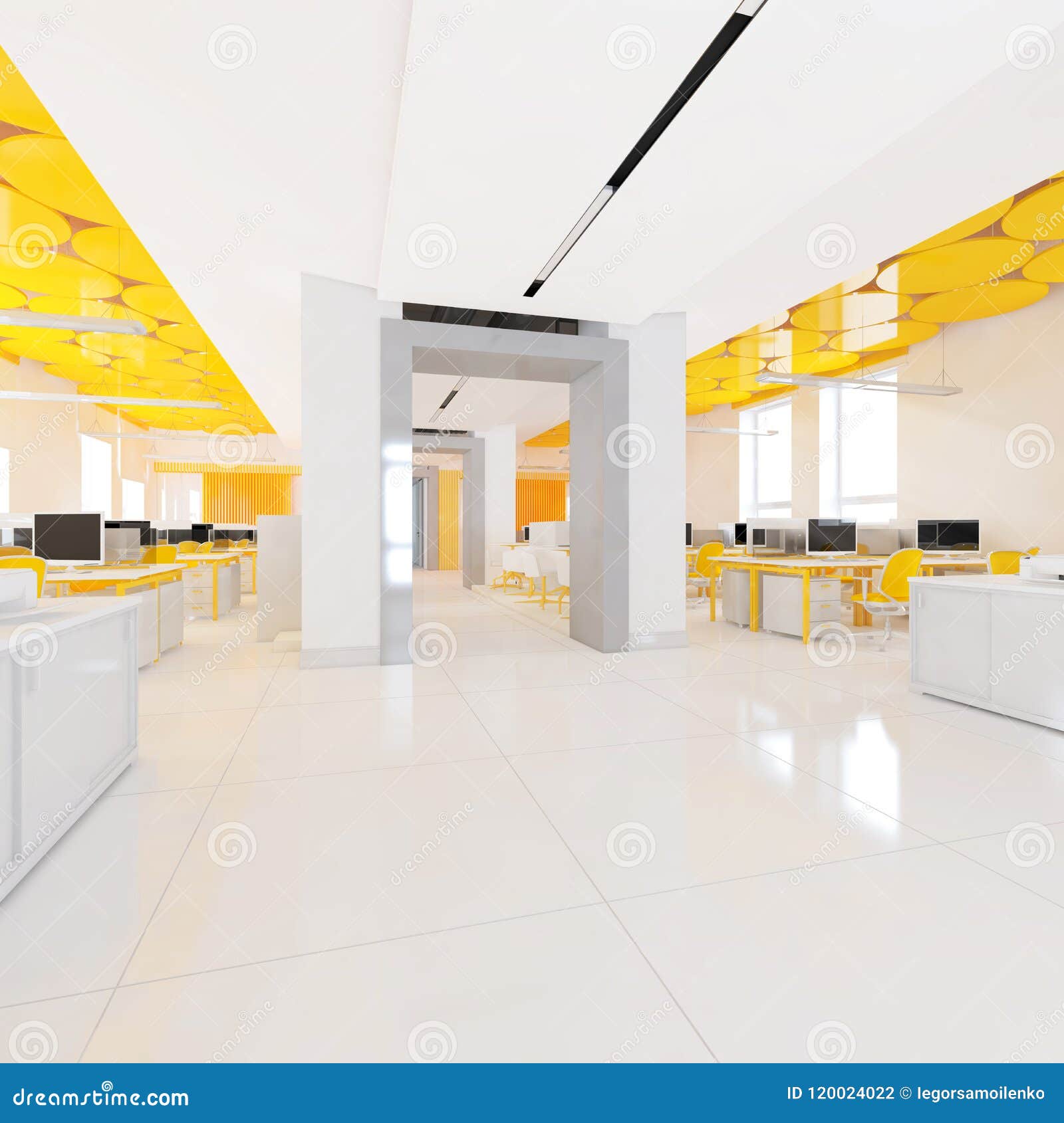Perspective View of a Color Office Interior with a Row of White Tables ...