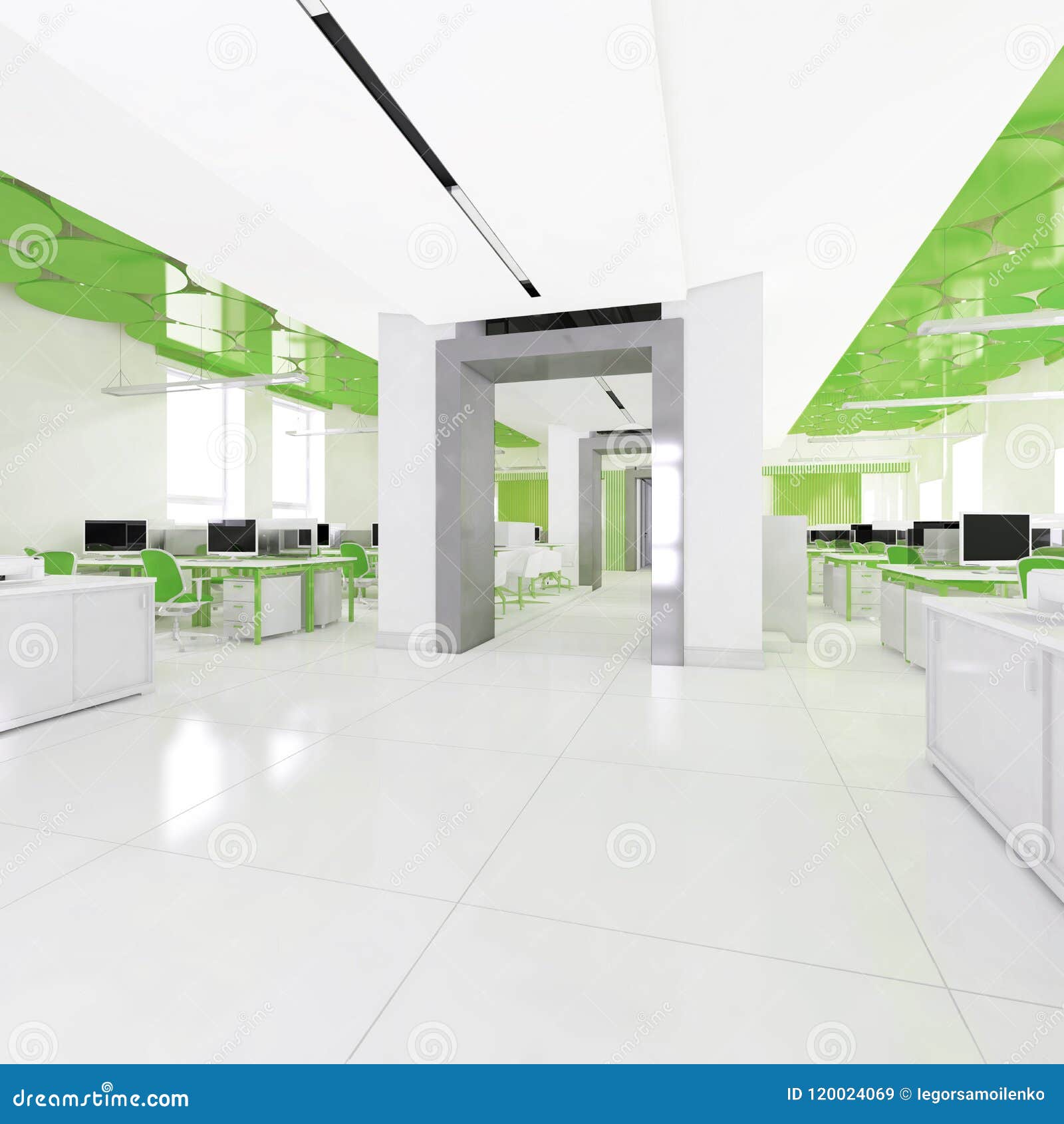 Perspective View of a Color Office Interior with a Row of White Tables ...