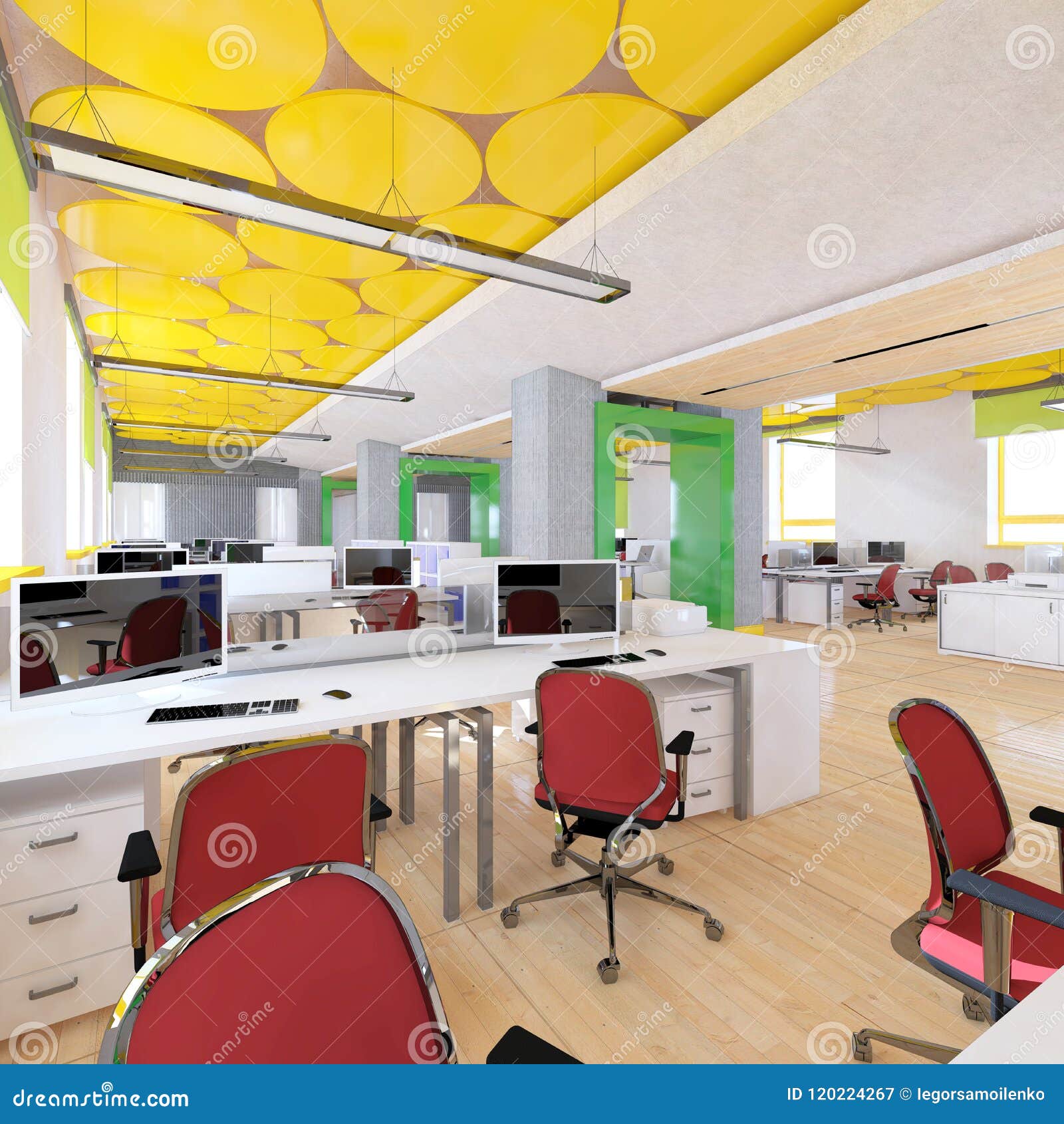 Perspective View of a Color Office Interior with a Row of White Tables ...