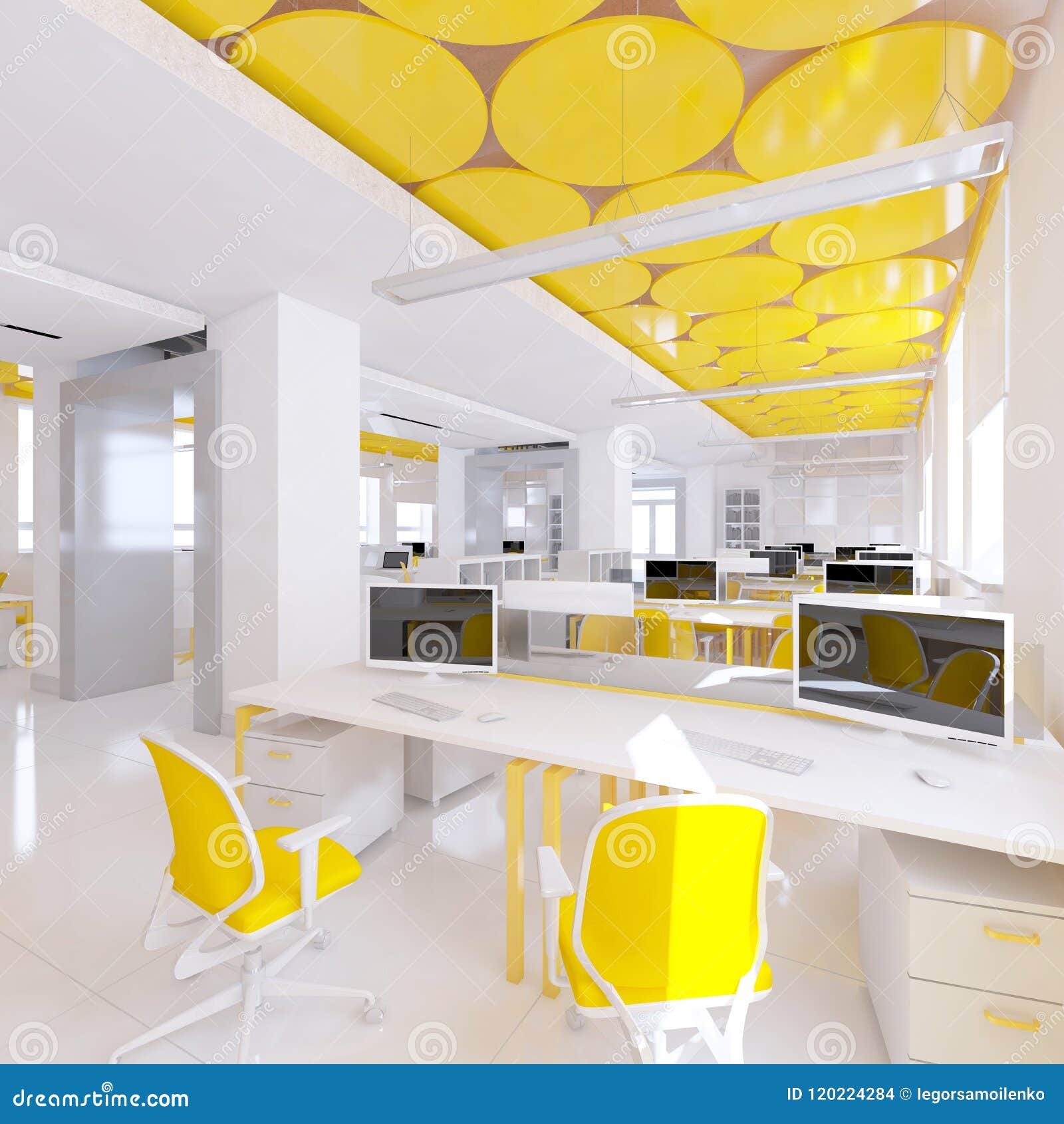Perspective View of a Color Office Interior with a Row of White Tables ...
