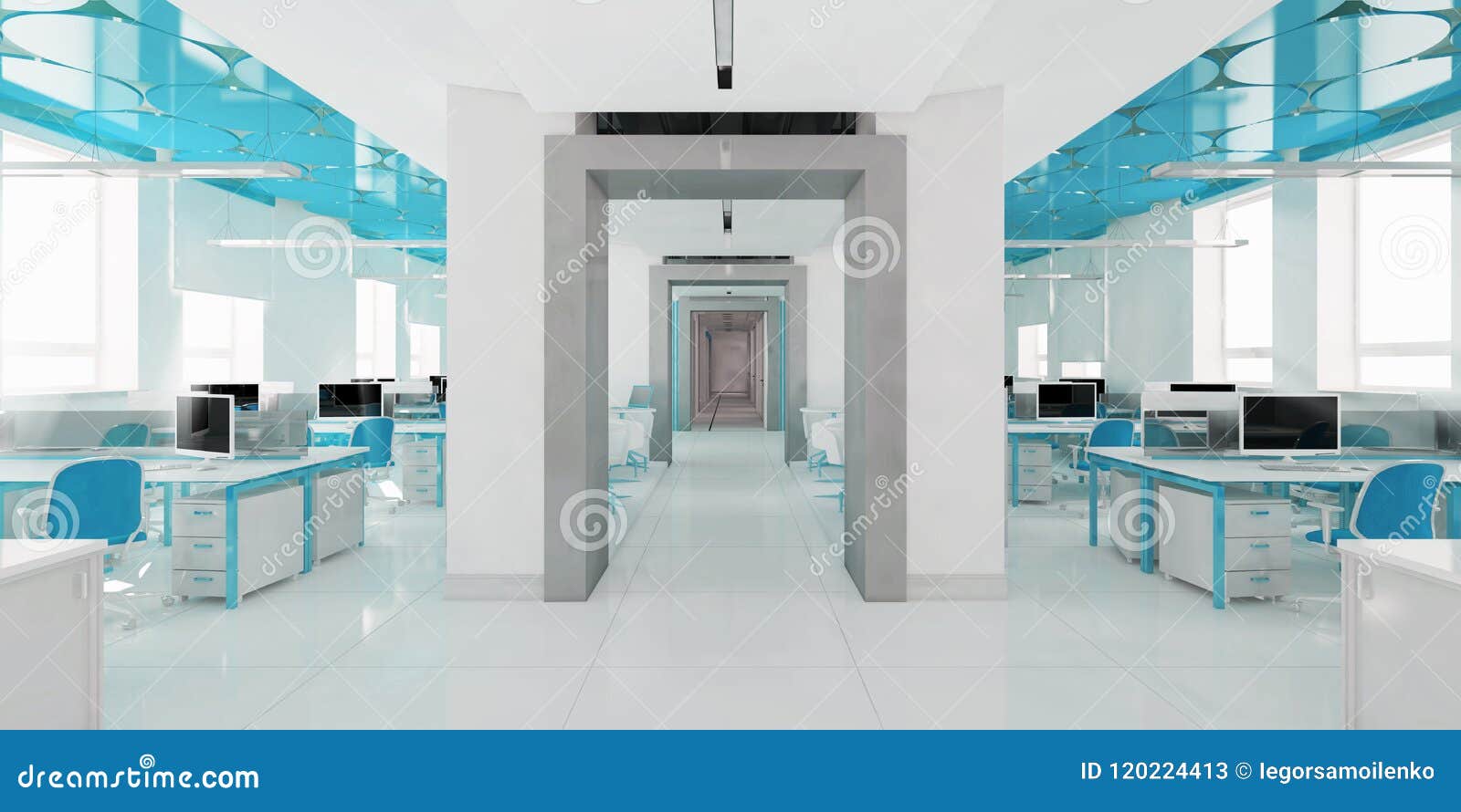 Perspective View of a Color Office Interior with a Row of White Tables ...