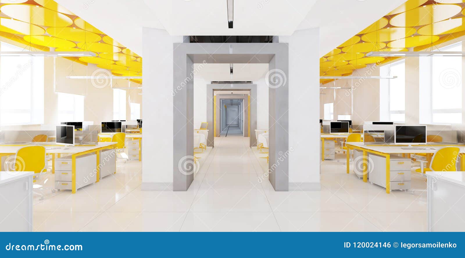 Perspective View of a Color Office Interior with a Row of White Tables ...