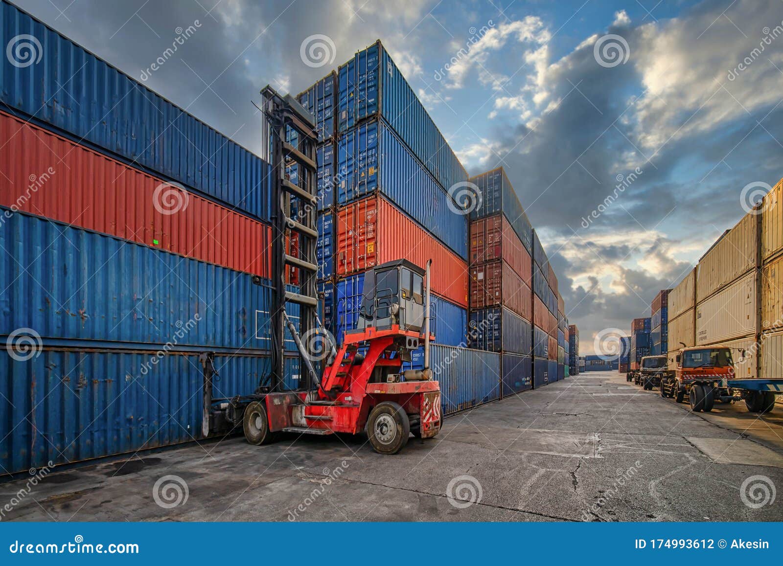 Perspective View of Containers at Containers Yard with Forklift and ...