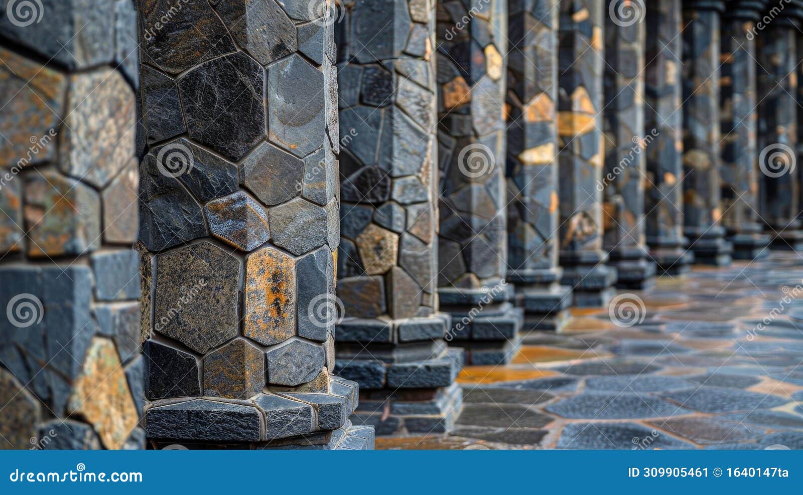 A Corridor Lined with Hexagonally Patterned Stone Pillars Stock ...