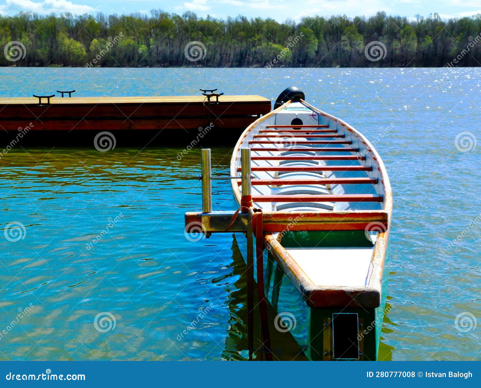Perspective View of Empty Rowing Canoe. Skull 8 Moored at a Wooden Deck ...