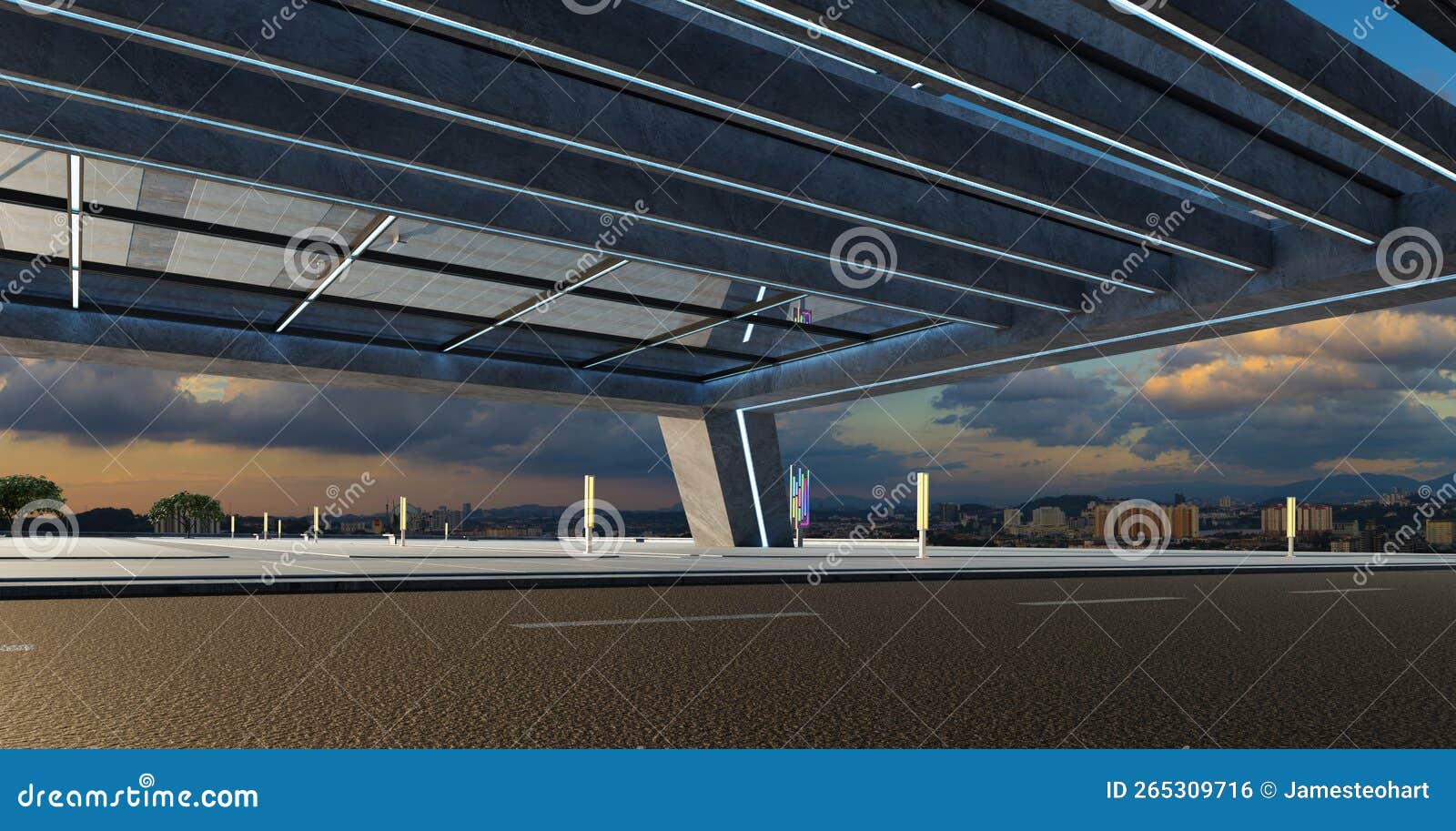 Perspective View of Empty Street and Modern Rooftop Building Stock ...