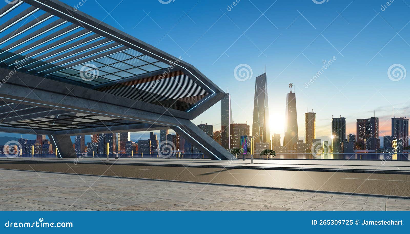 Perspective View of Empty Street and Modern Rooftop Building Stock ...