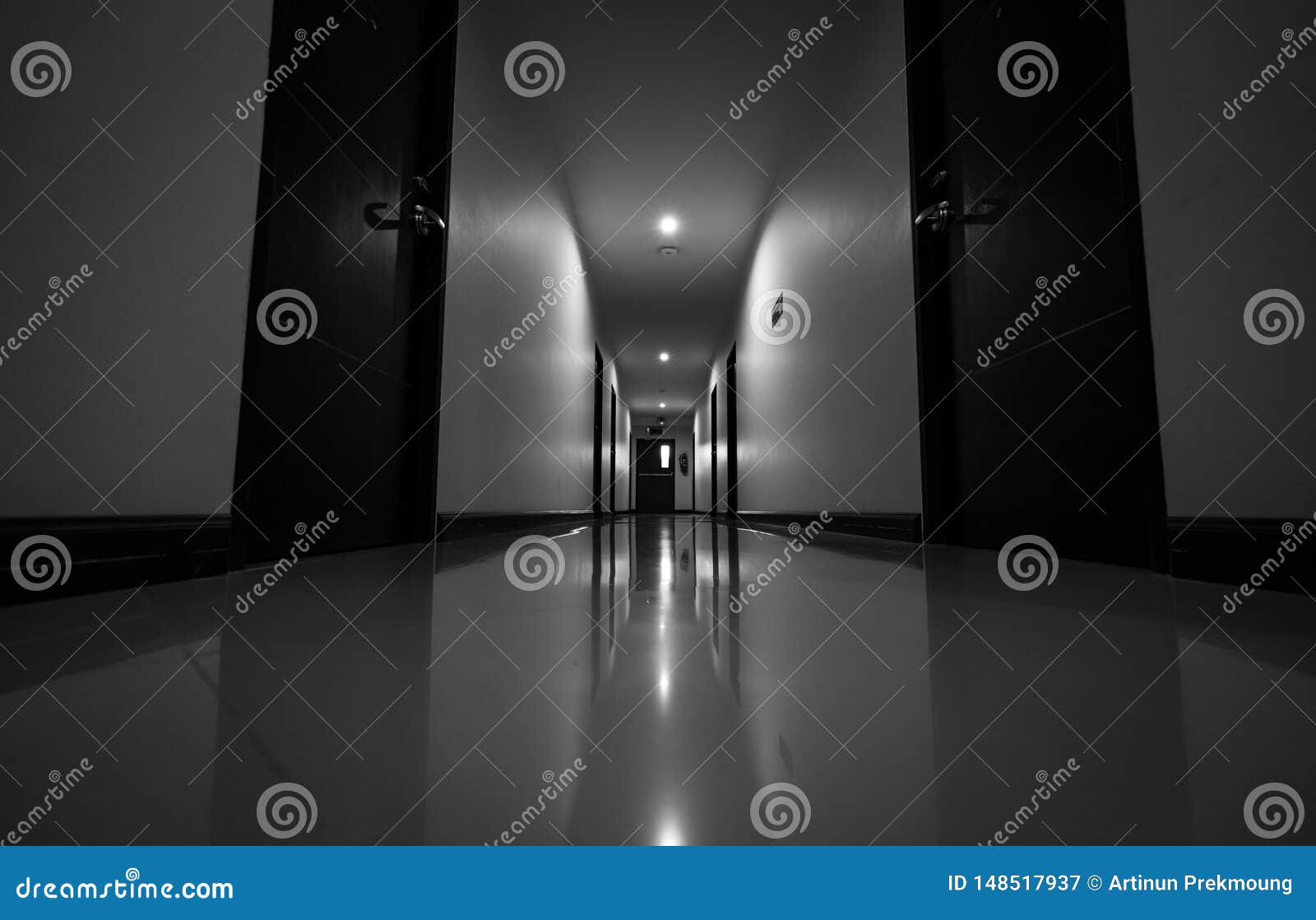 Perspective View of Hotel Corridor with Ceiling Lamp Light. Hallway and ...