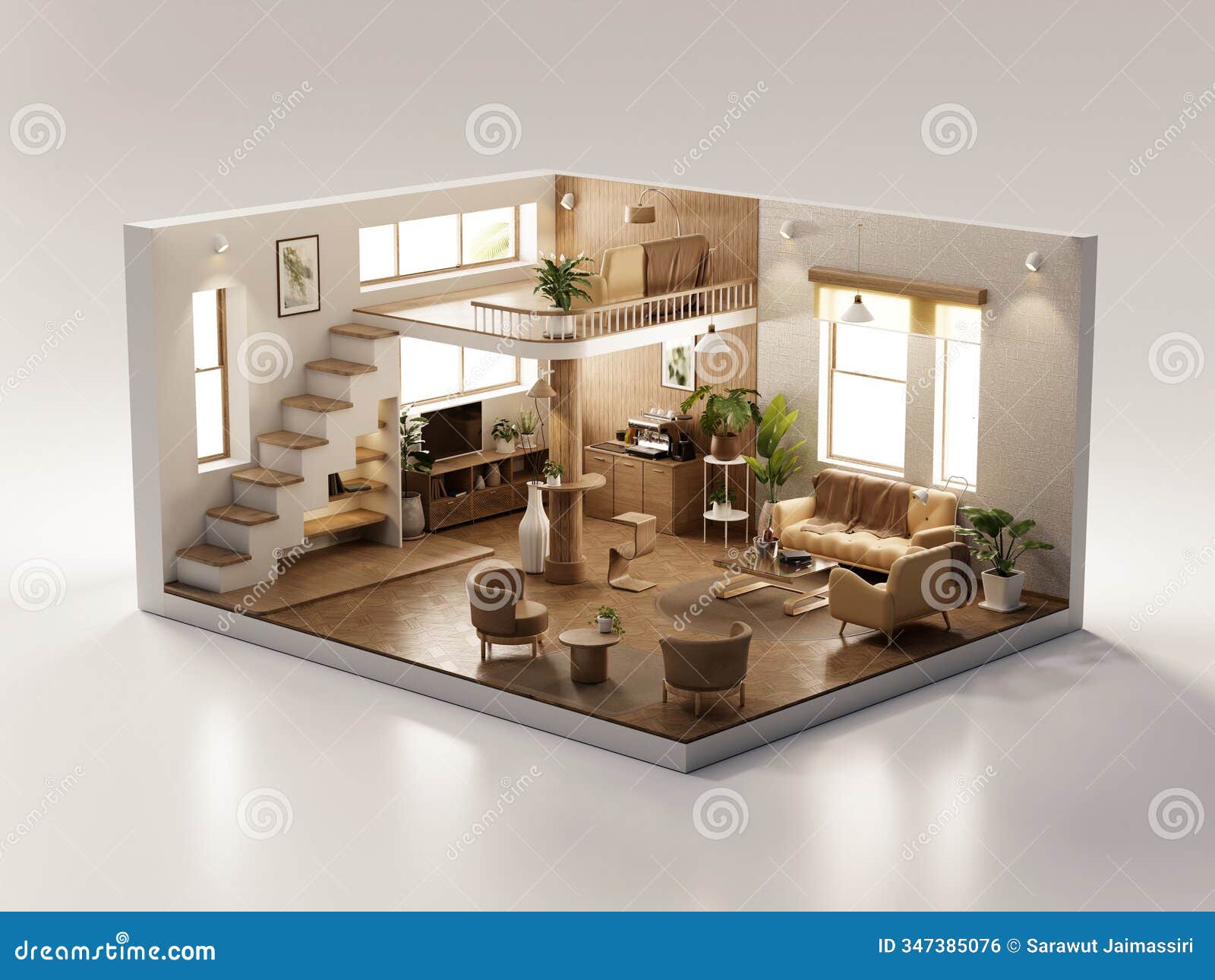 Perspective View Living Room Muji Style Open Inside Interior Stock ...