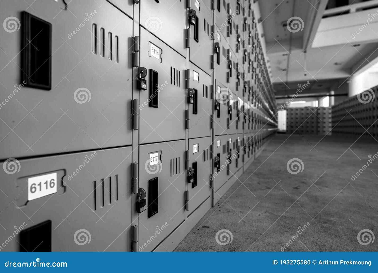 Perspective View of Locker with Lock and Numbered White Tags at Locker ...