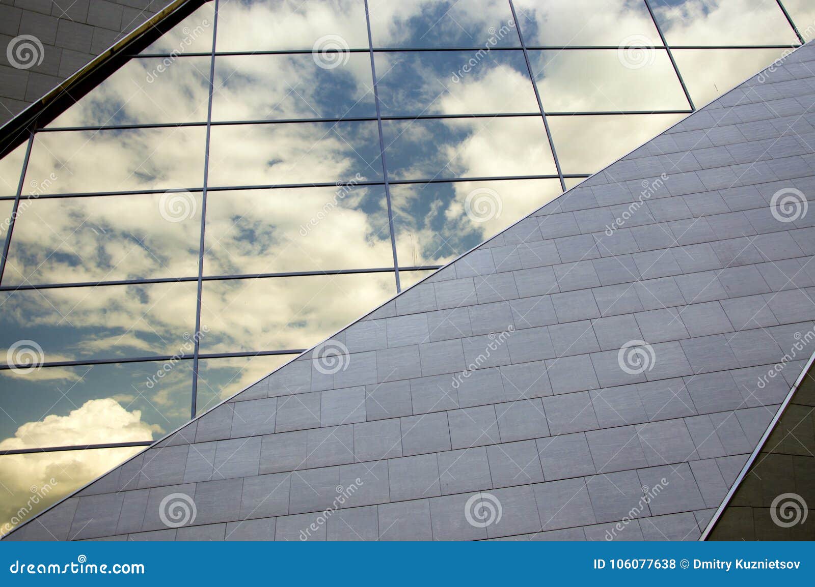 Perspective View of the Modern Building Facade with Clouds Reflections ...