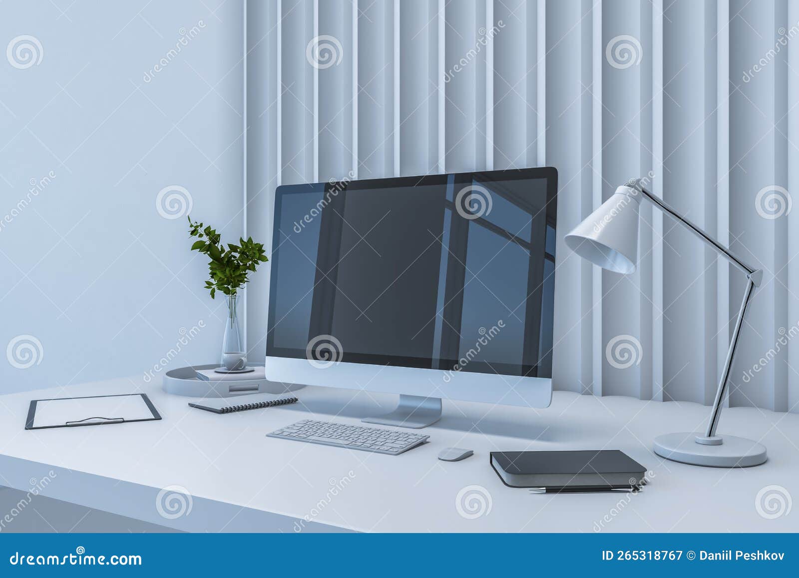 Perspective View on Modern Computer on White Workspace Table with ...