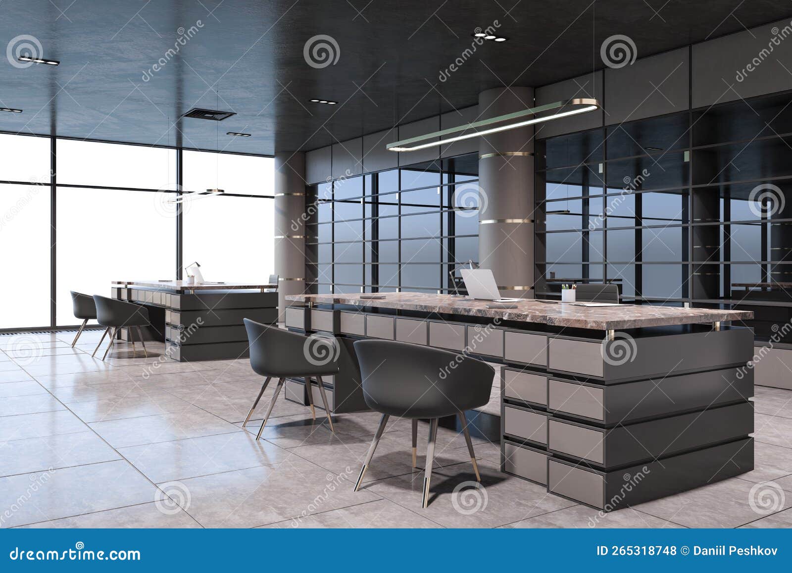 Perspective View on Modern Interior Design Huge Work Tables with ...