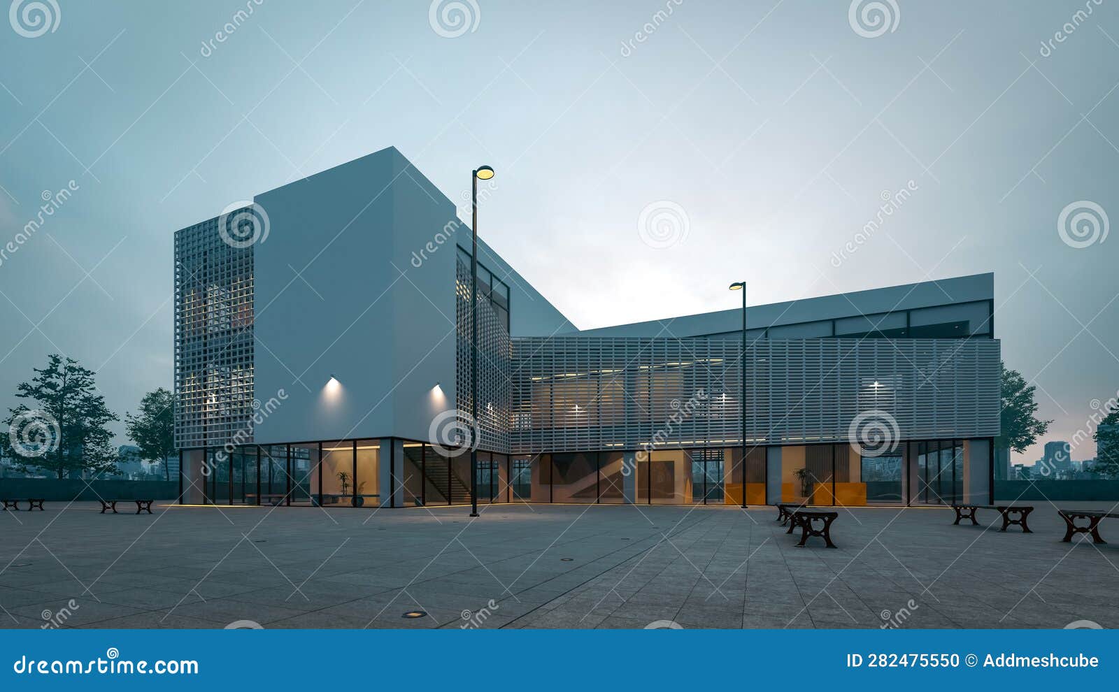 A Perspective View of a Modern Two-story Building Night View on a ...