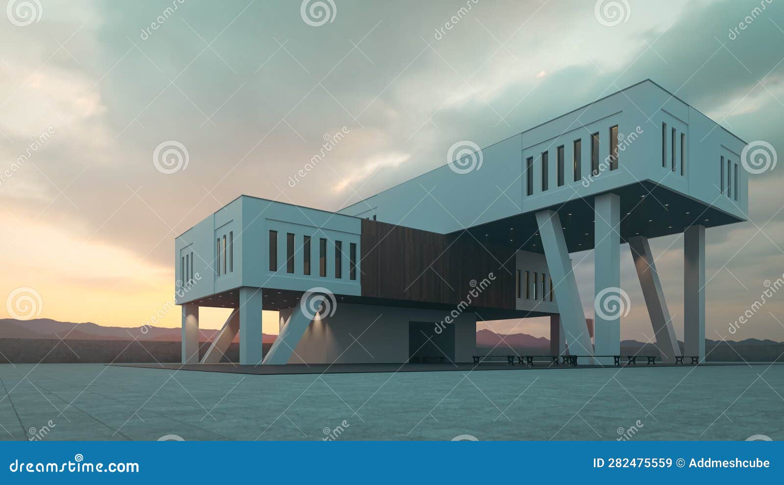 Perspective View of a Modern Two-story Building at Sunset, 3d Rendering ...