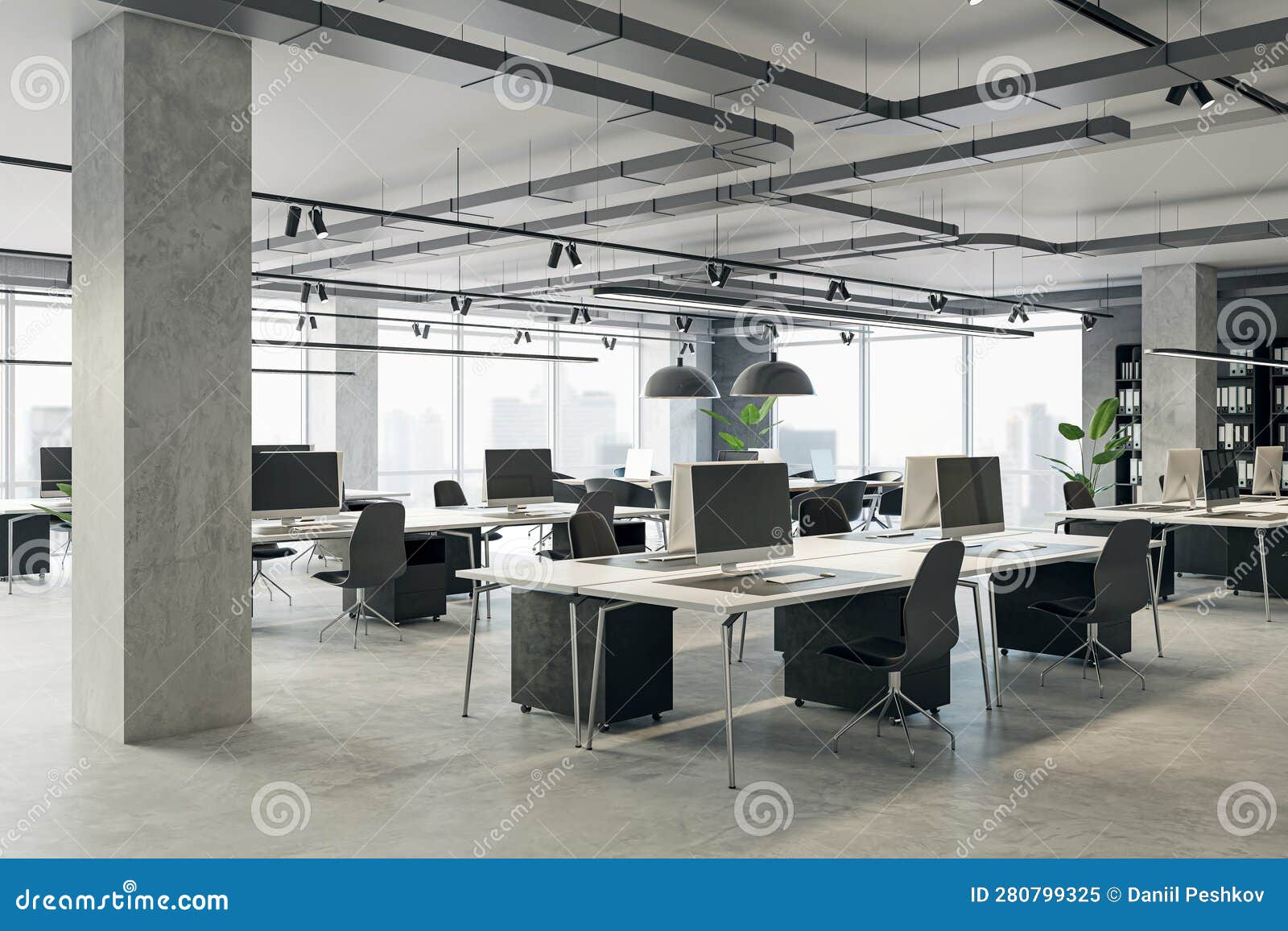 Perspective View of an Open Loft Office Interior with Desks, Computers ...
