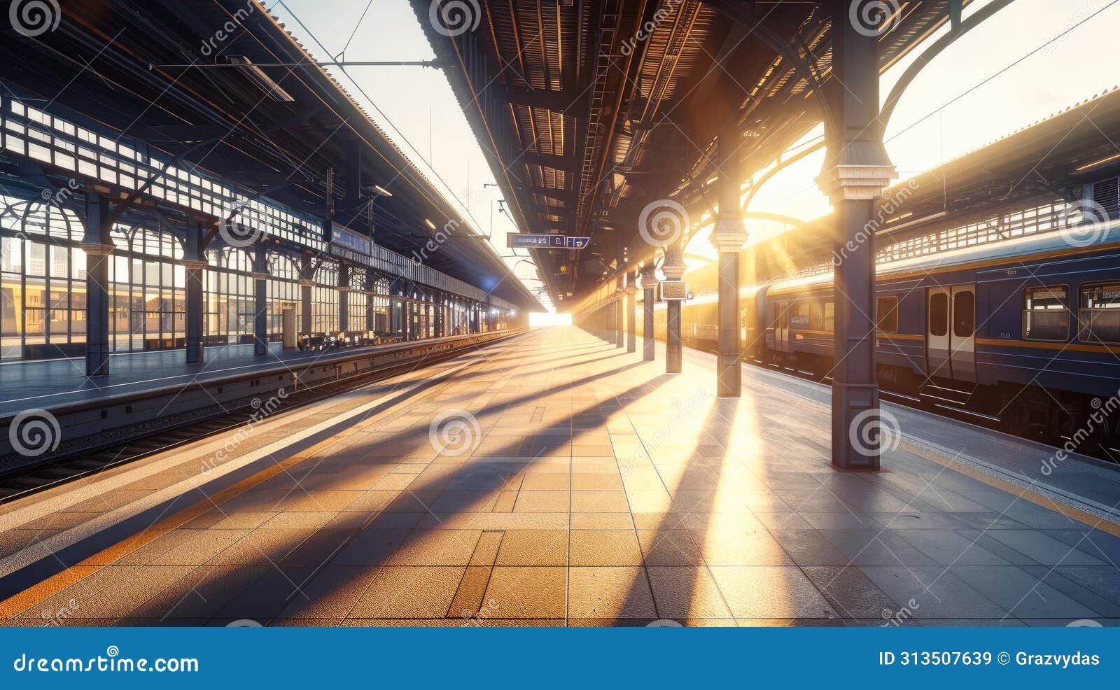 Perspective View of a Platform in Railway Station with Sunlight Cast on ...