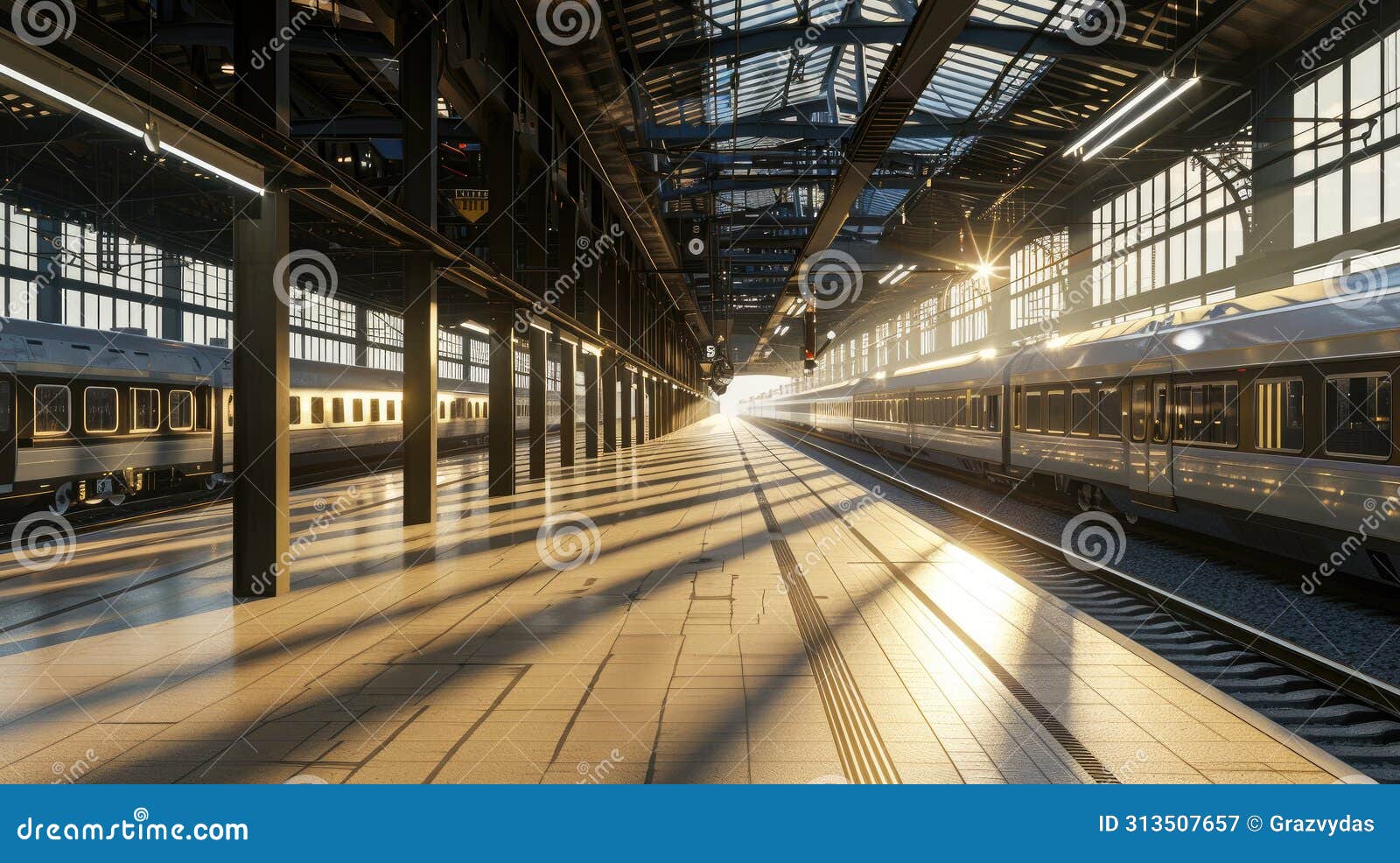 Perspective View of a Platform in Railway Station with Sunlight Cast on ...