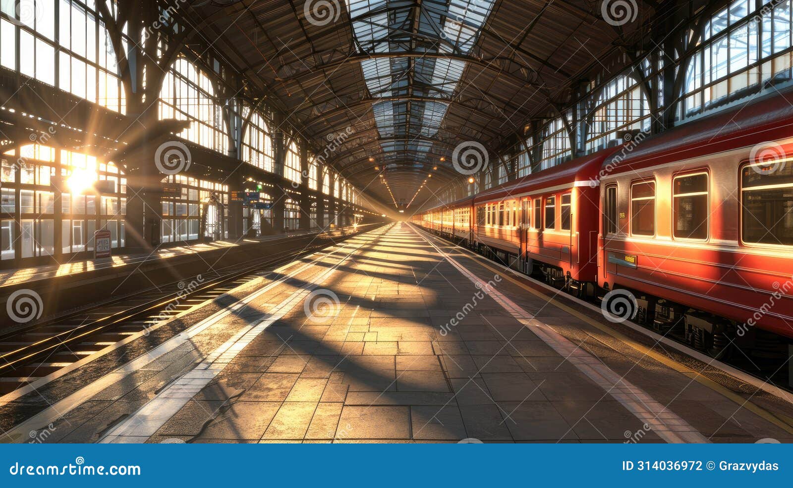Perspective View of a Railway Station with Sunset Light Cast on Train ...