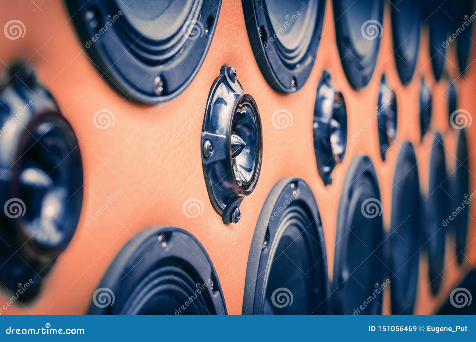 Perspective View of Rows of Sound Speakers on Light Warm Orange ...