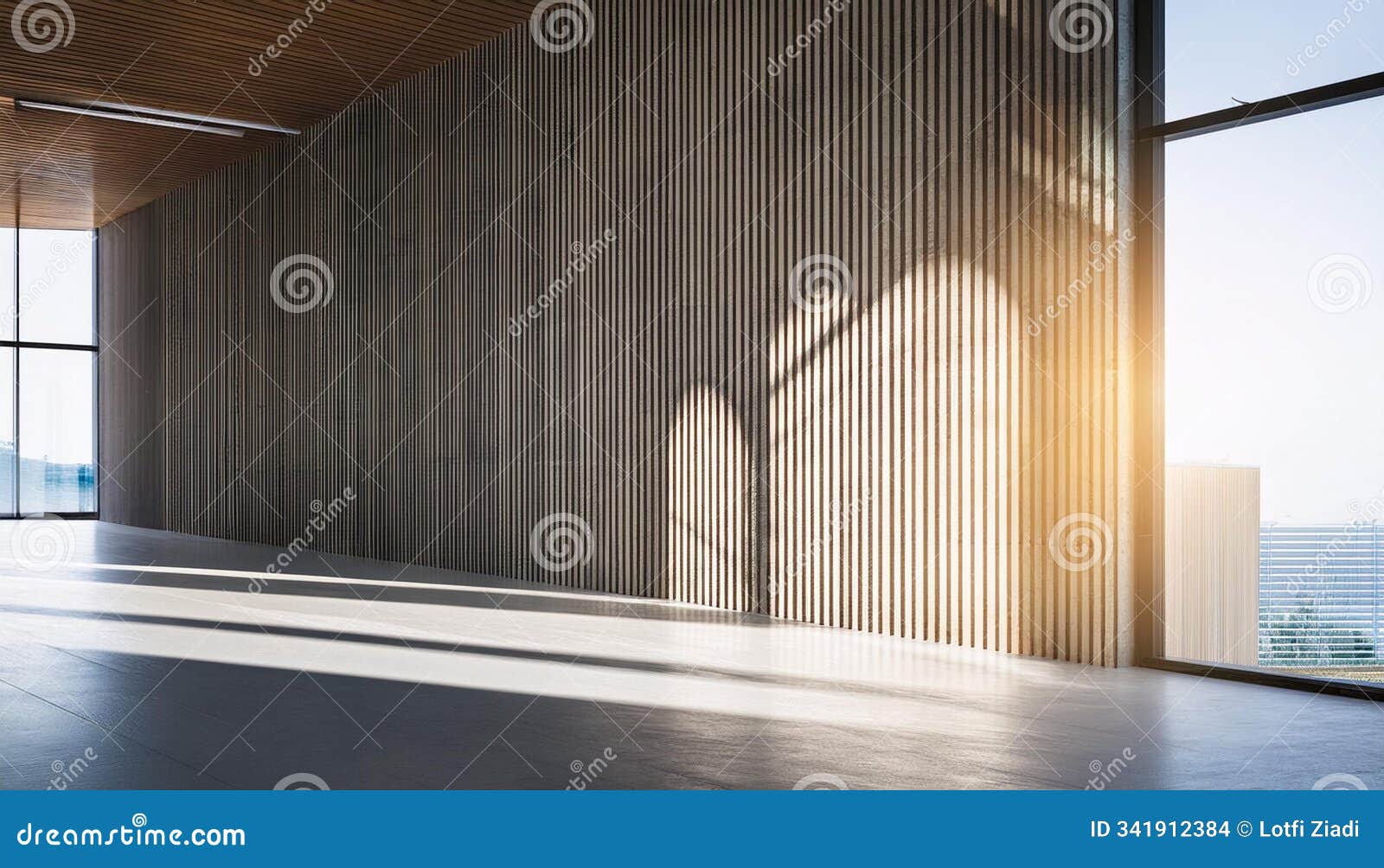 Perspective View on Slatted Concrete Partition in Sunlit Abstract ...