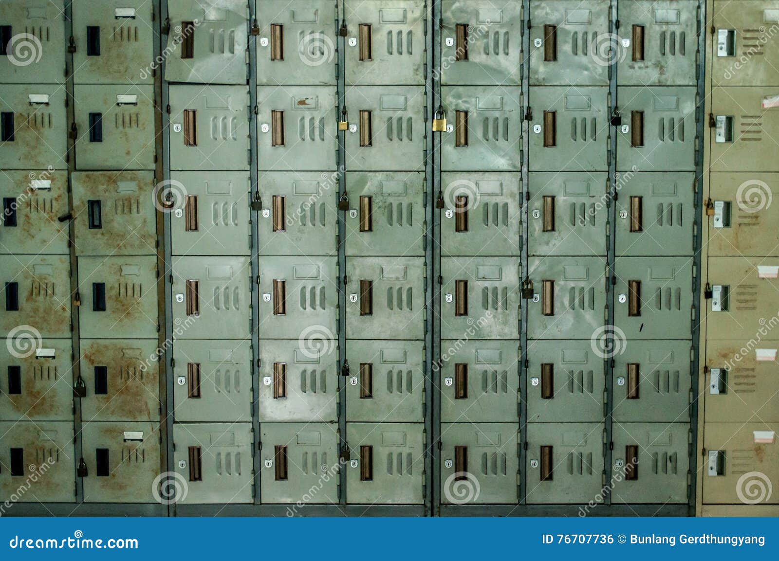 A Perspective View of a Stack of Grey Metal School Lockers with ...