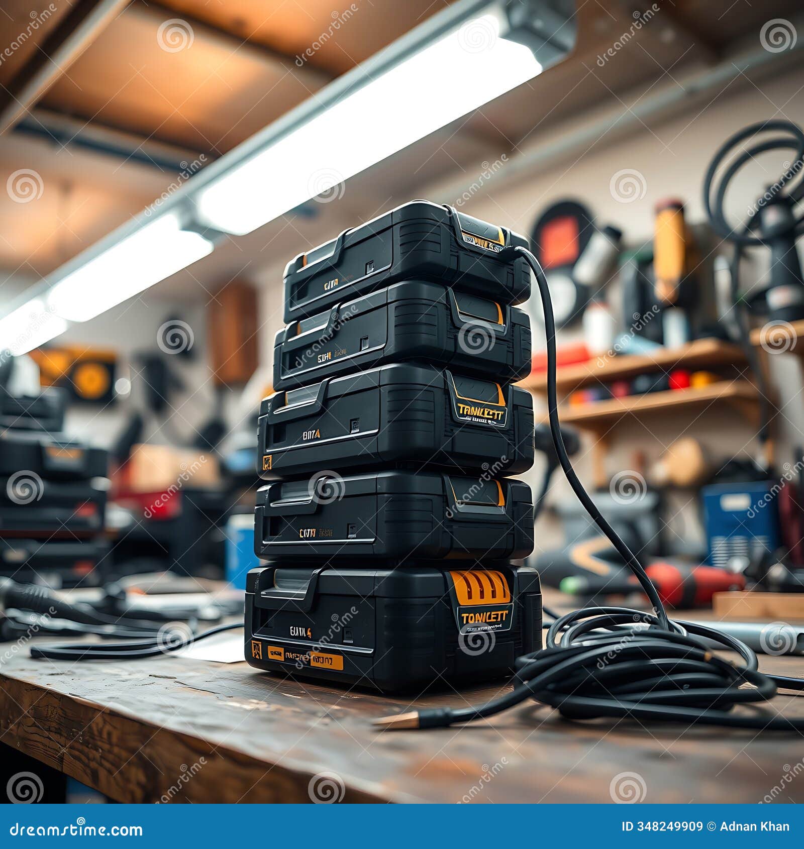 A Perspective View of a Stack of Power Tool Batteries Charging on a ...