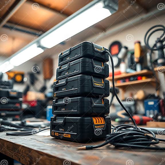 A Perspective View of a Stack of Power Tool Batteries Charging on a ...