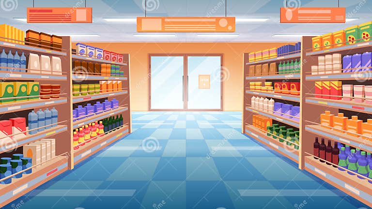 Perspective View of Supermarket, Grocery Store Aisle, Interior with ... Perspective View of Supermarket, Grocery Store Aisle, Interior with ...