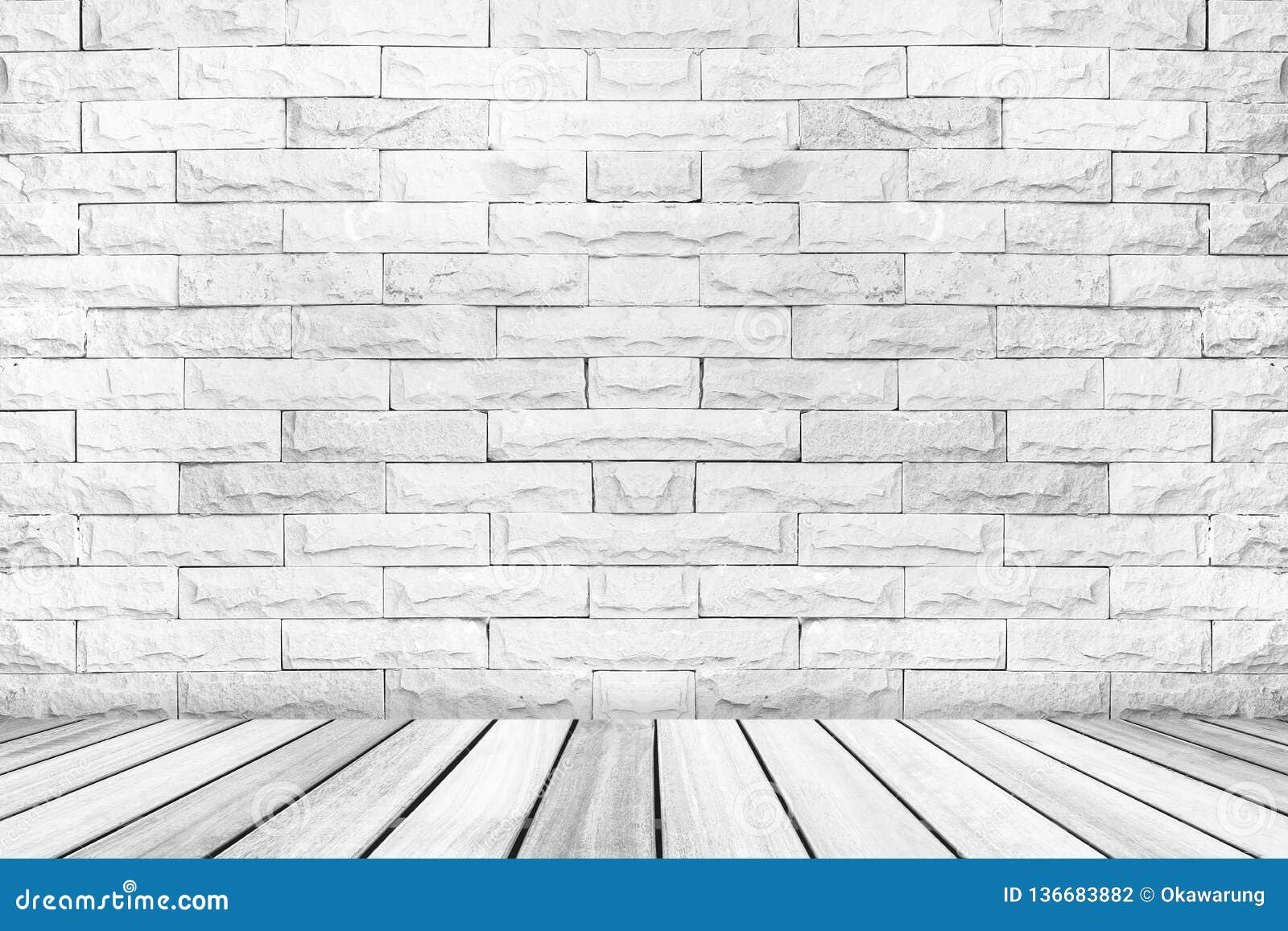 Perspective White Wood Deck Overlook the White Brick Wall Background ...
