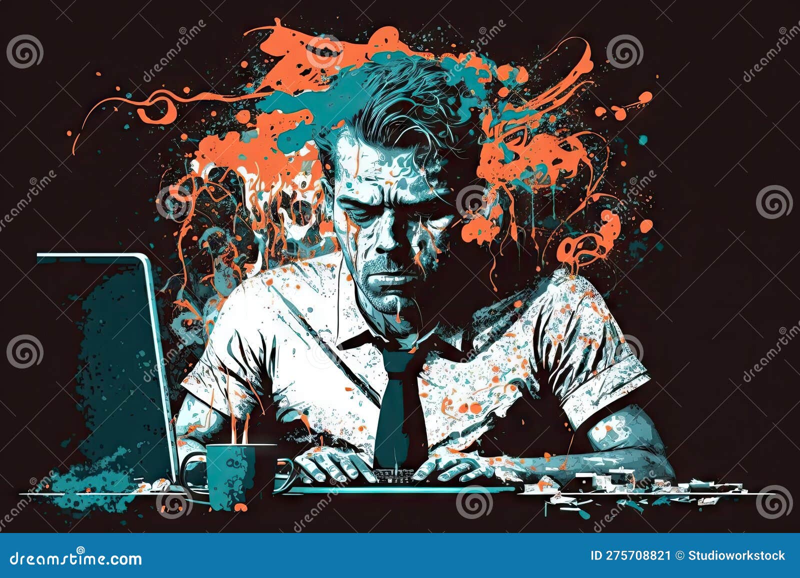 Perspiration of Overworked Man Working at Computer in Office ...