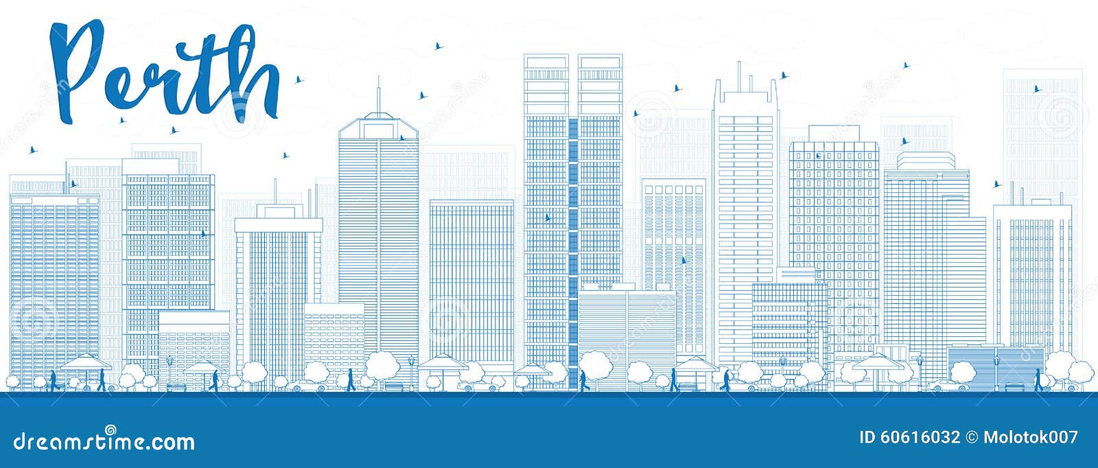 Blue Map Of Perth City, Linear Print Map. Cityscape Panorama Cartoon ...