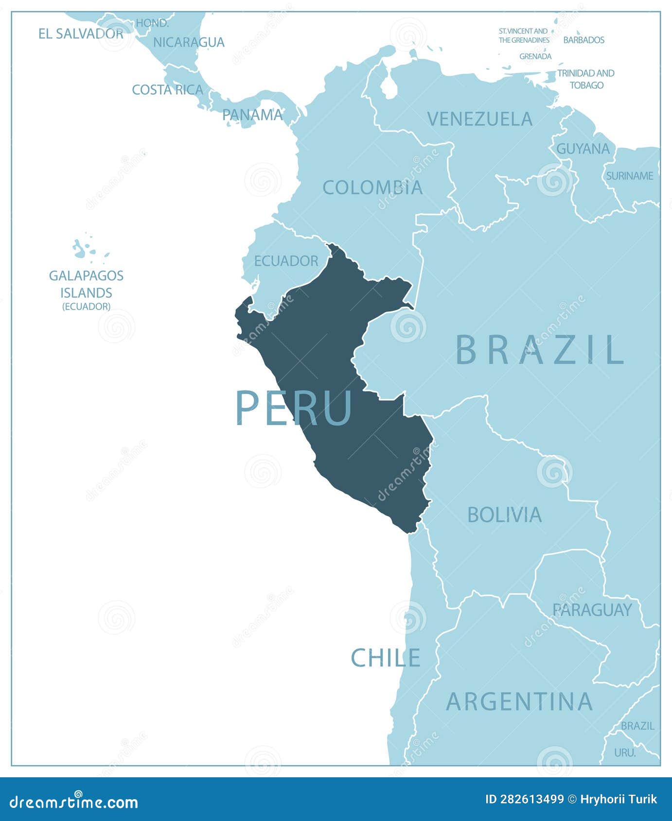 Peru - Blue Map with Neighboring Countries and Names Stock Illustration - Illustration of ...