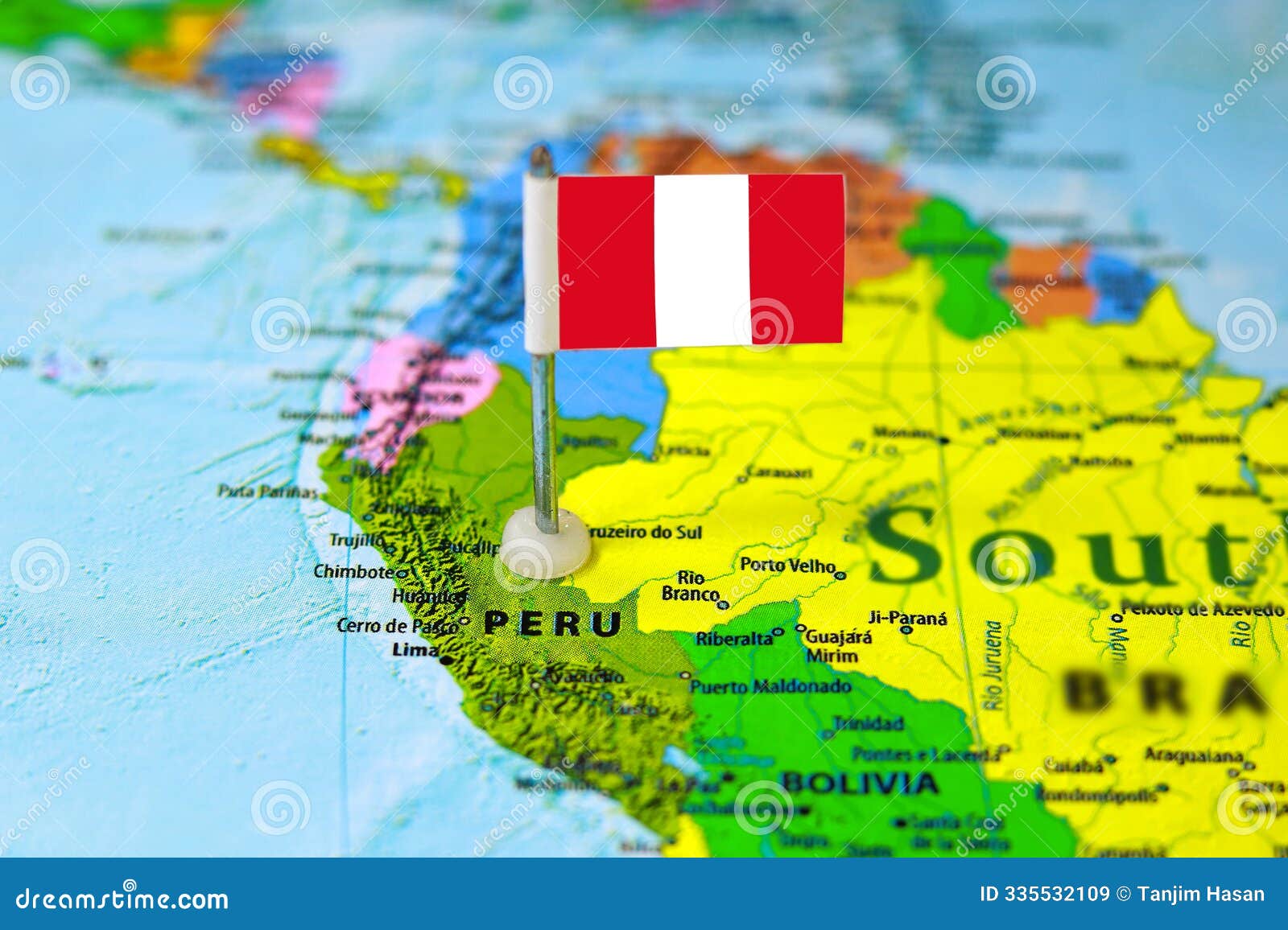 Peru Flag on the Map. Close-up. Selective Focus Stock Image - Image of ...