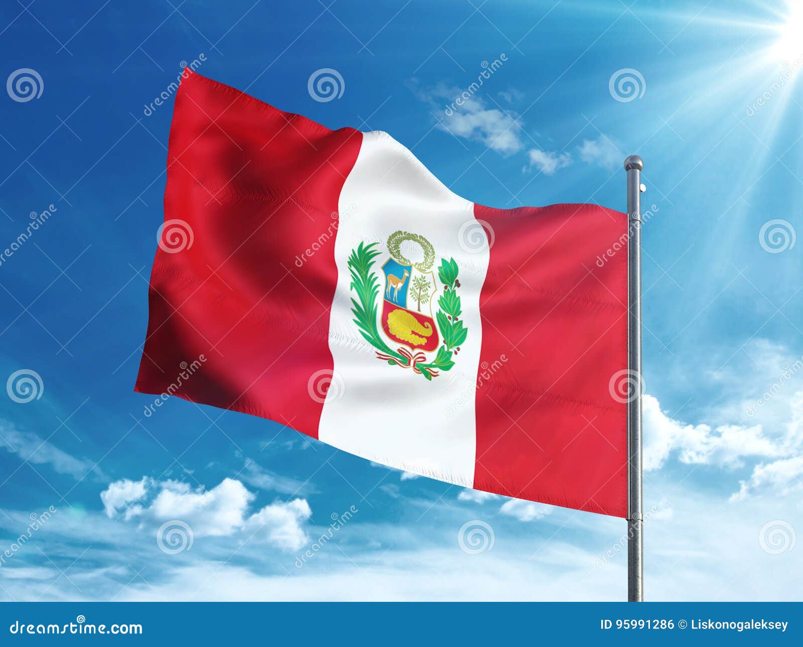 Peru Flag Waving in the Blue Sky Stock Illustration - Illustration of ...