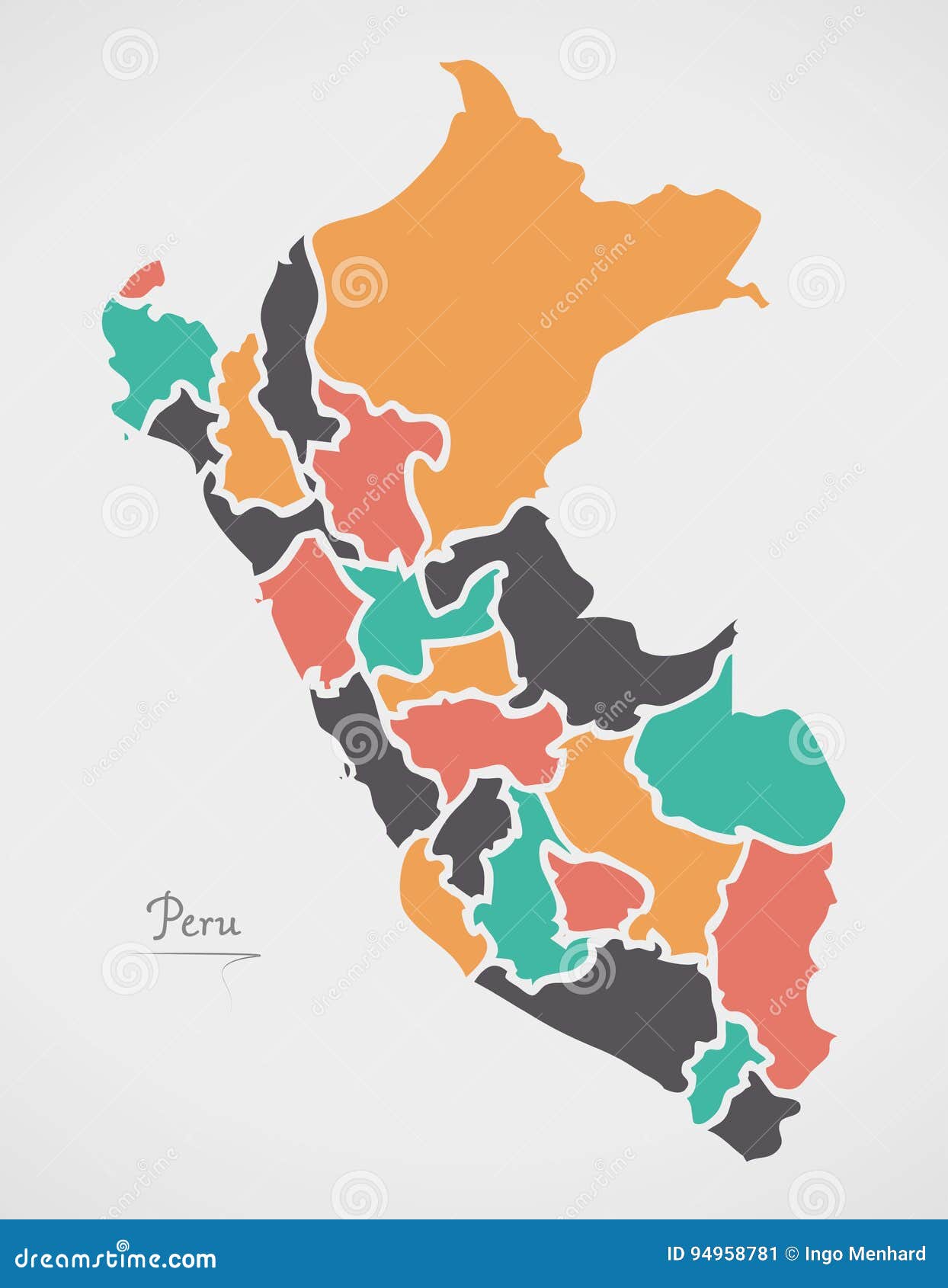 Peru Map Con Los Estados Y Las Formas Redondas Modernas Ilustración del ...