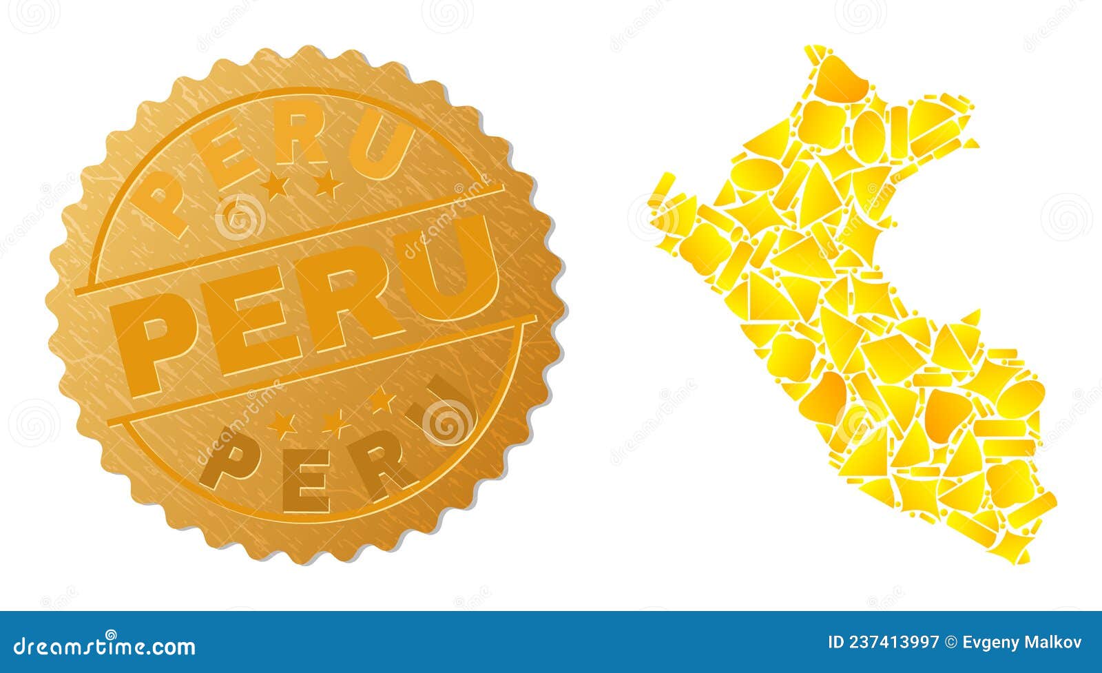 Peru Map Mosaic of Gold Items and Metallic Peru Stamp Stock Vector ...