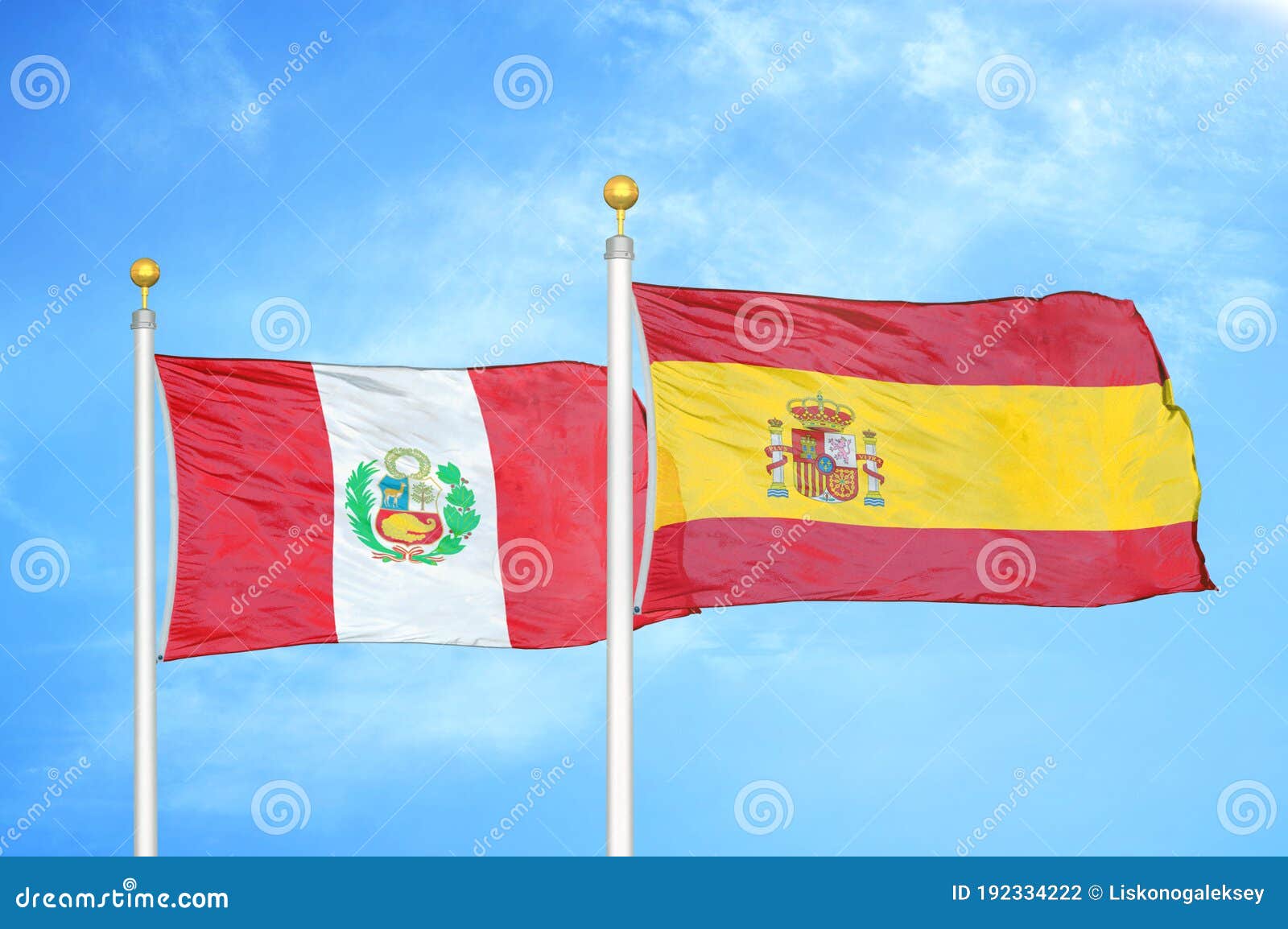Peru And Spain Two Flags On Flagpoles And Blue Sky Stock Photo - Image ...