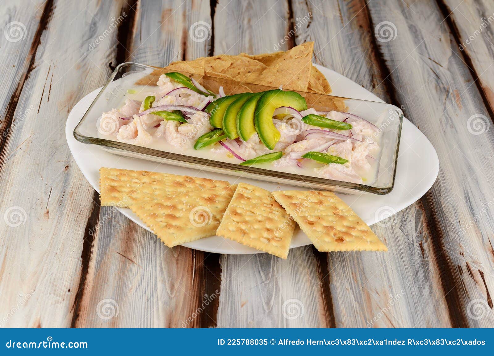 Peruvian Ceviche with Avocado and Crackers Stock Image - Image of ...
