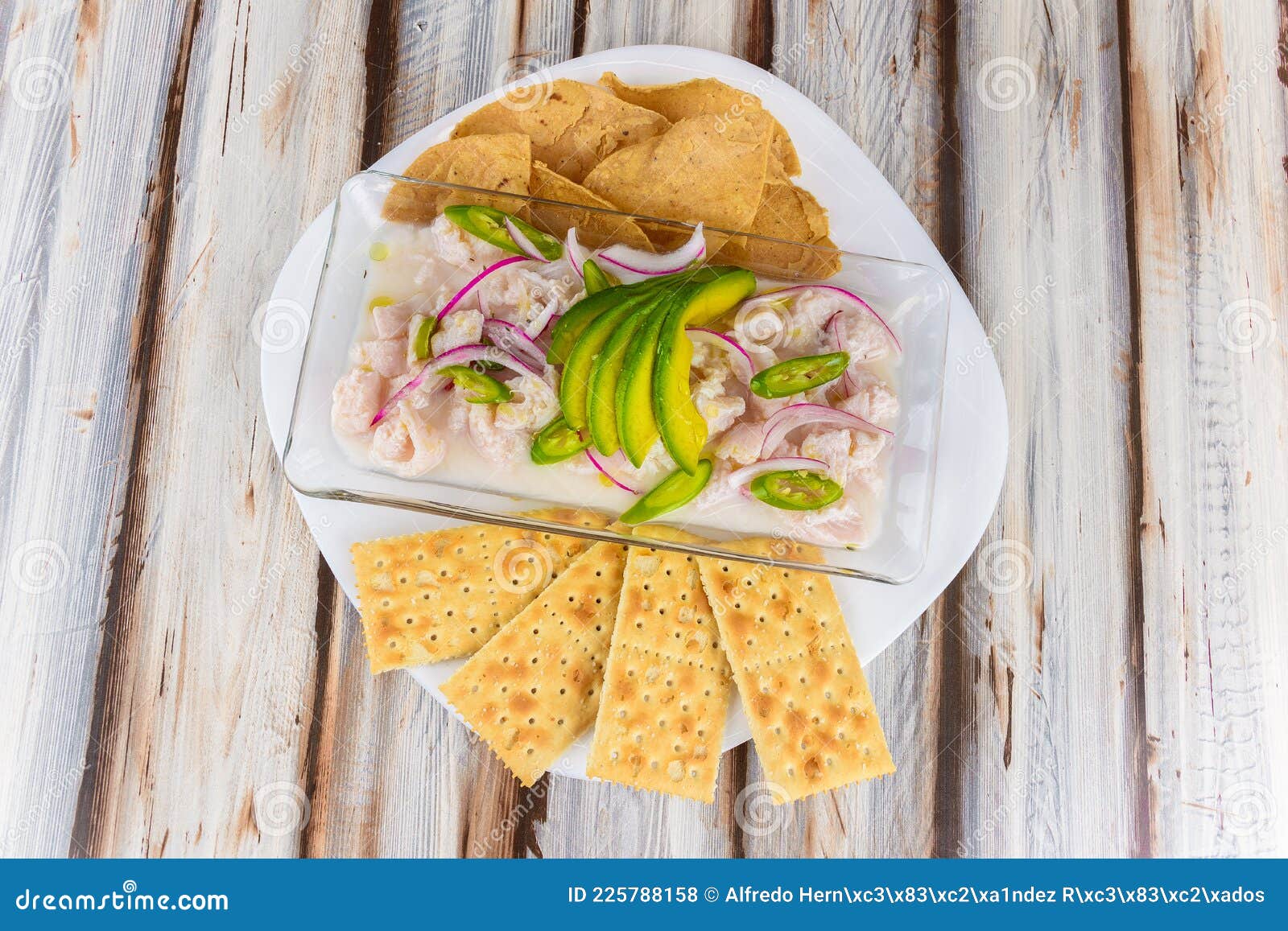 Peruvian Ceviche with Avocado and Crackers Stock Photo - Image of ...