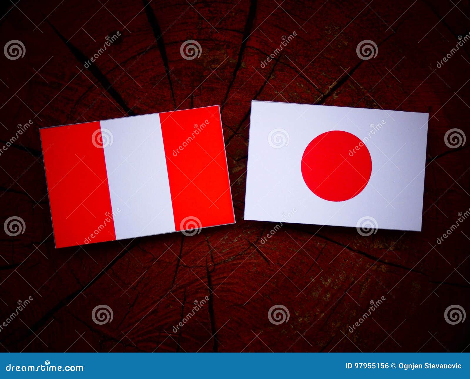 Peruvian Flag with Japanese Flag on a Tree Stump Isolated Stock Photo ...